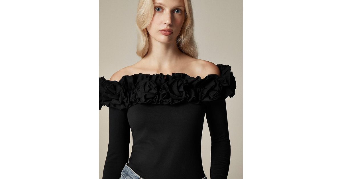 J.Crew Stretch Cotton-Blend Off-The-Shoulder Top With Rosettes in Black ...