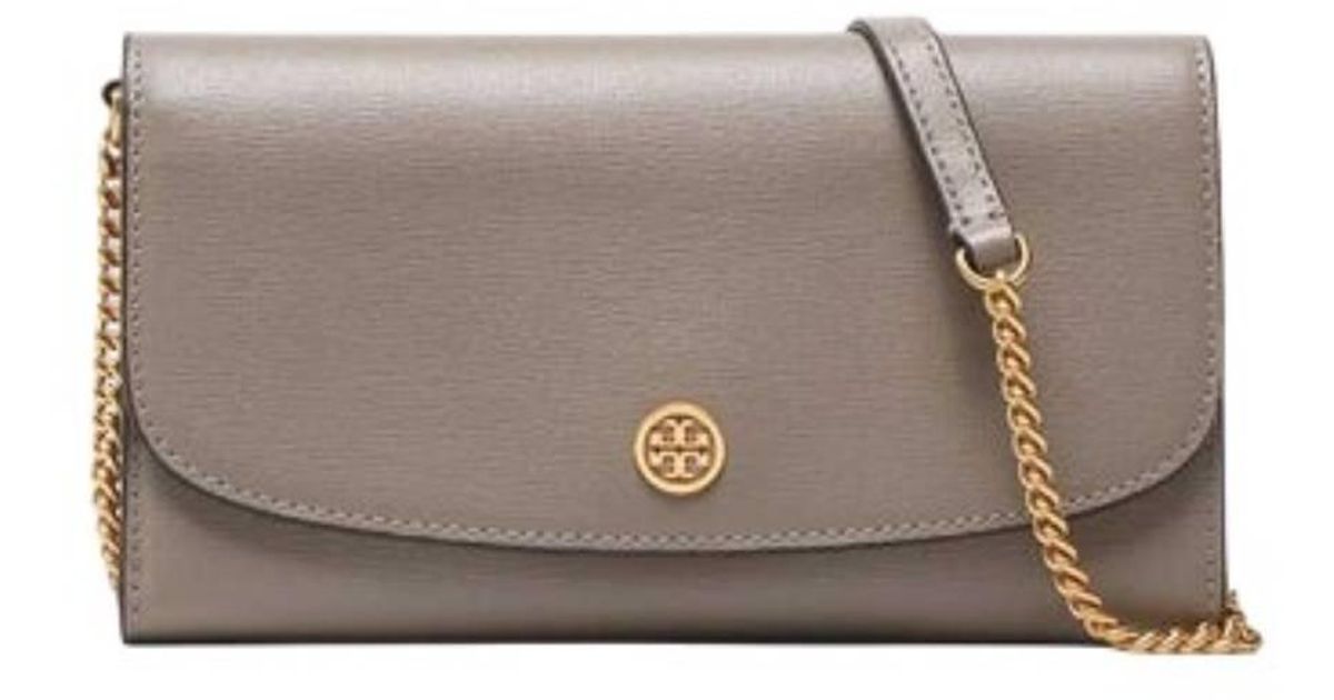 Tory Burch Robinson Saffiano Leather Chain Wallet in Grey | Lyst UK