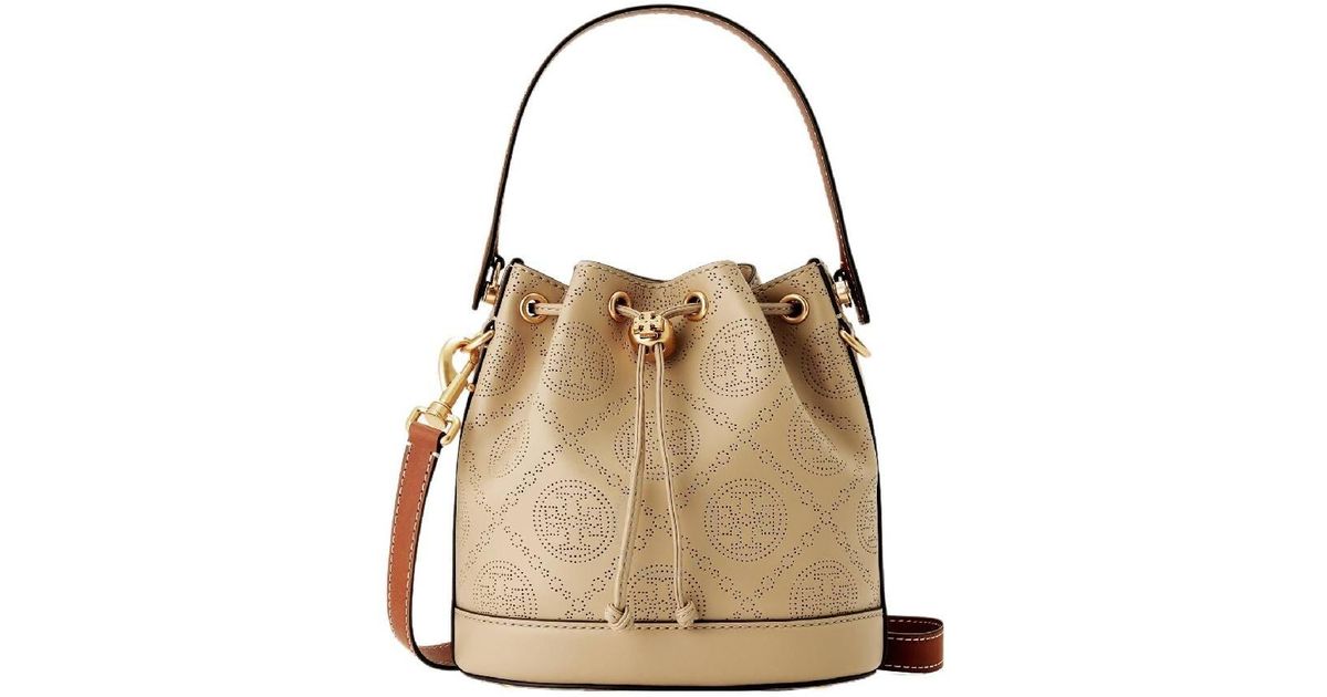 Tory Burch Monogram Drawstring Perforated Bucket Bag in Natural | Lyst