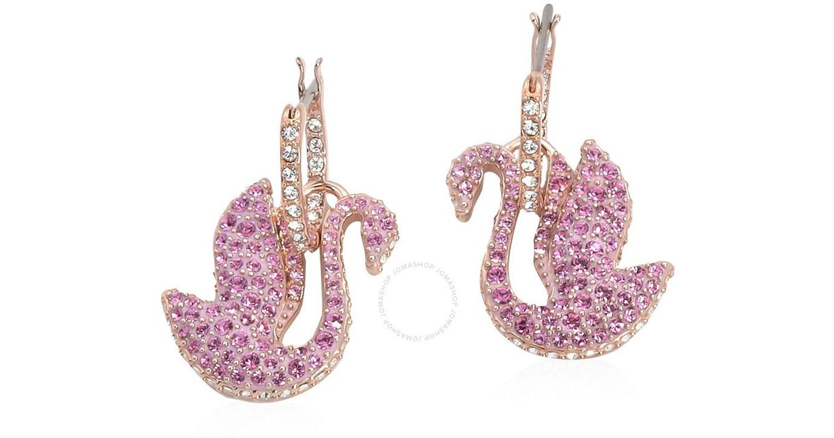 Swarovski Rose-Tone Plated Iconic Swan Drop Earrings in Pink | Lyst