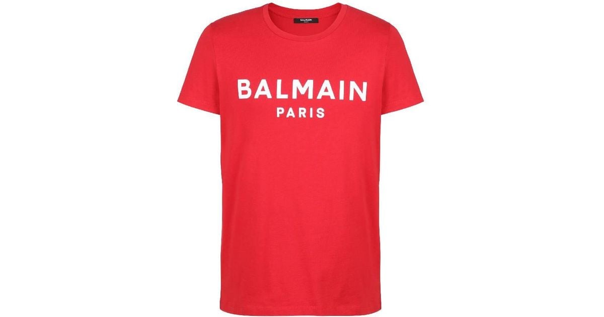 Balmain Flock Logo Print Cotton T Shirt in Red for Men | Lyst
