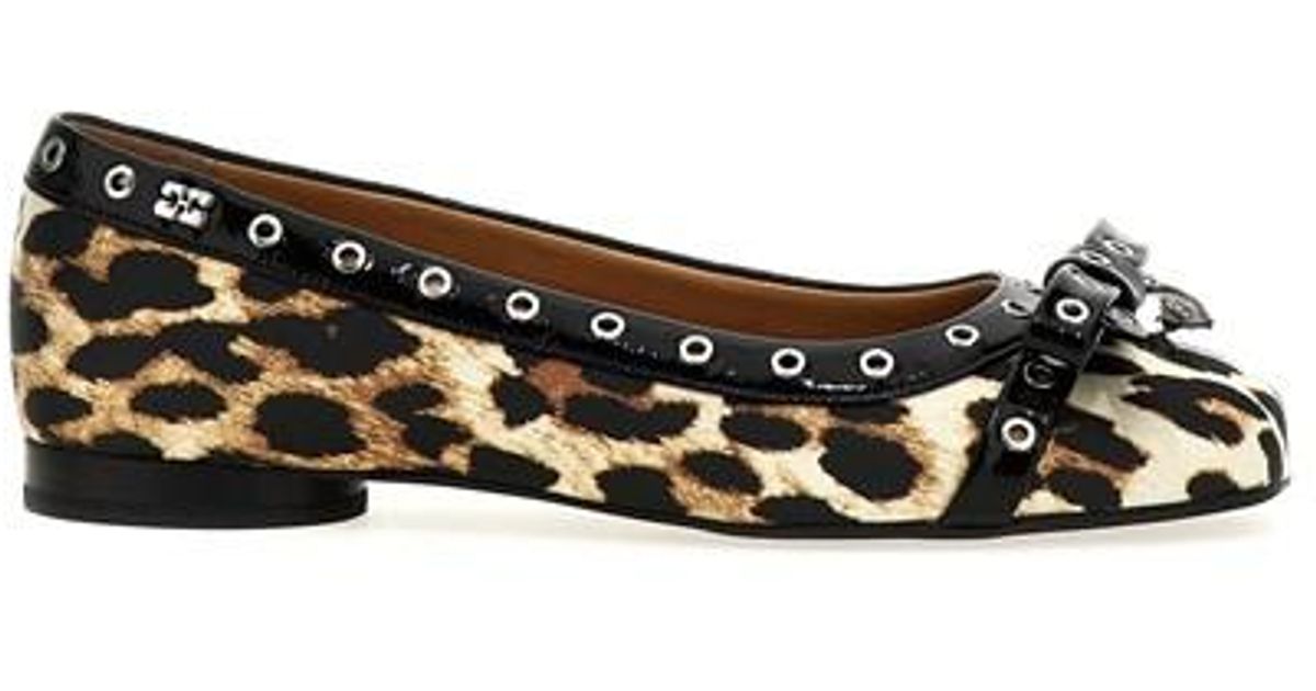 Ganni 'leopard Eyelets Bow' Ballet Flats in Black | Lyst
