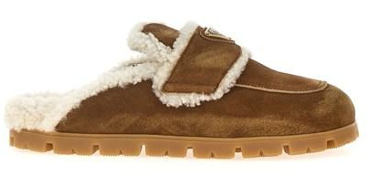 Prada Sheepskin Lined Suede Sabots in Brown | Lyst