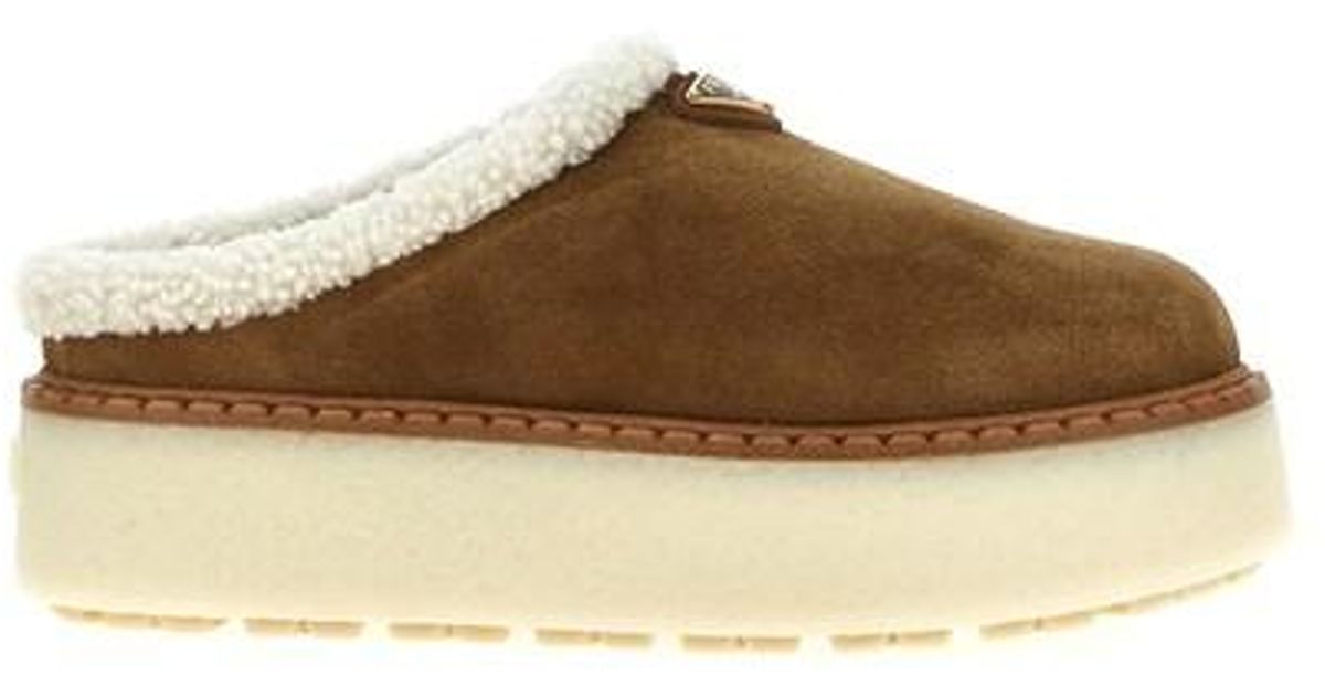Prada Sabot Platform Suede Logo in Brown | Lyst