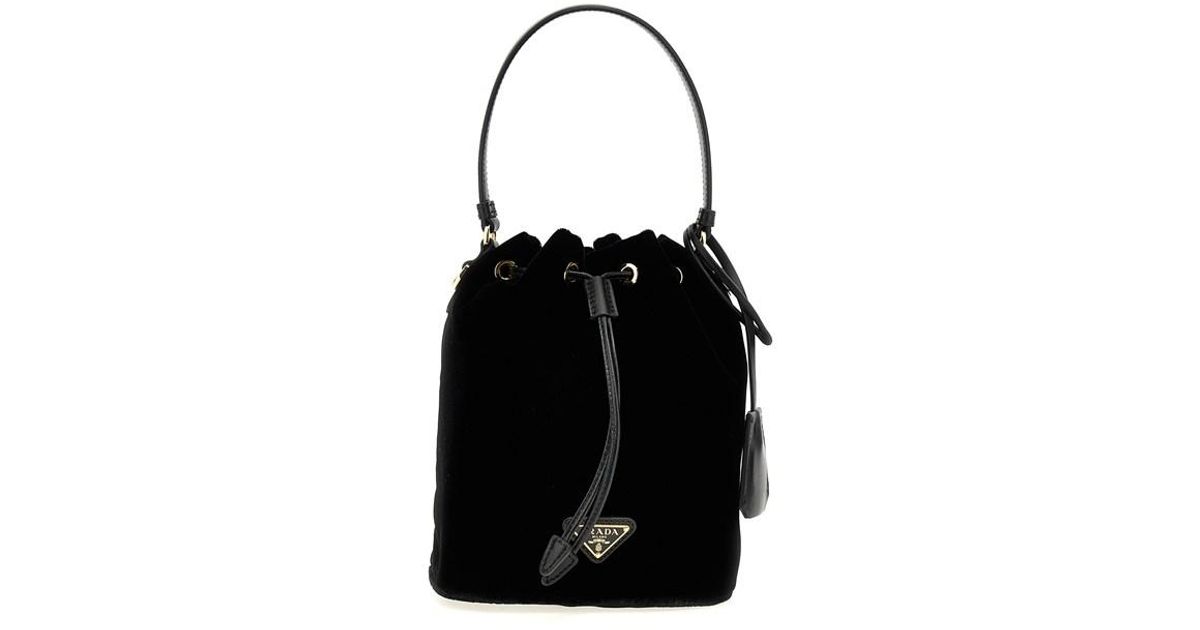 Prada Logo Velvet Bucket Bag in Black | Lyst
