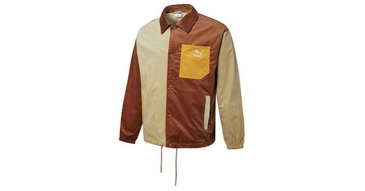 PUMA Cord Coach Jacket Corduroy Splicing Woven Logo Sports Coffee in ...