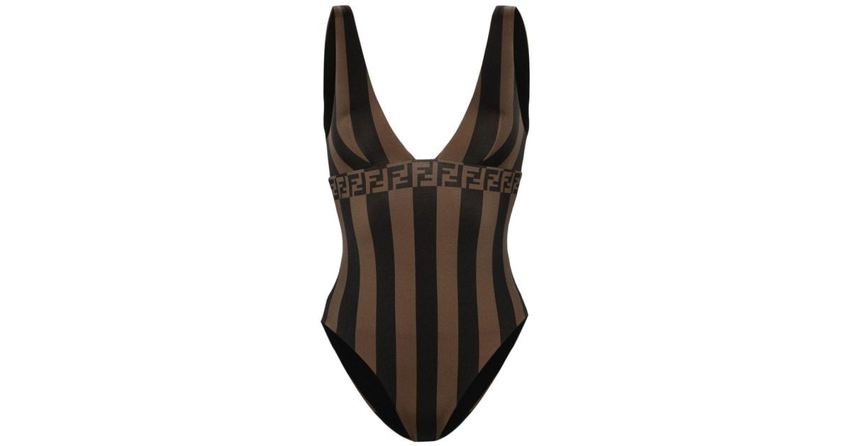 Fendi Chic Striped One-Piece Swimsuit in Black | Lyst