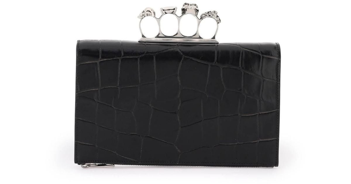 Alexander McQueen Croco-Embossed Leather Pouch Handbag With Rings in ...