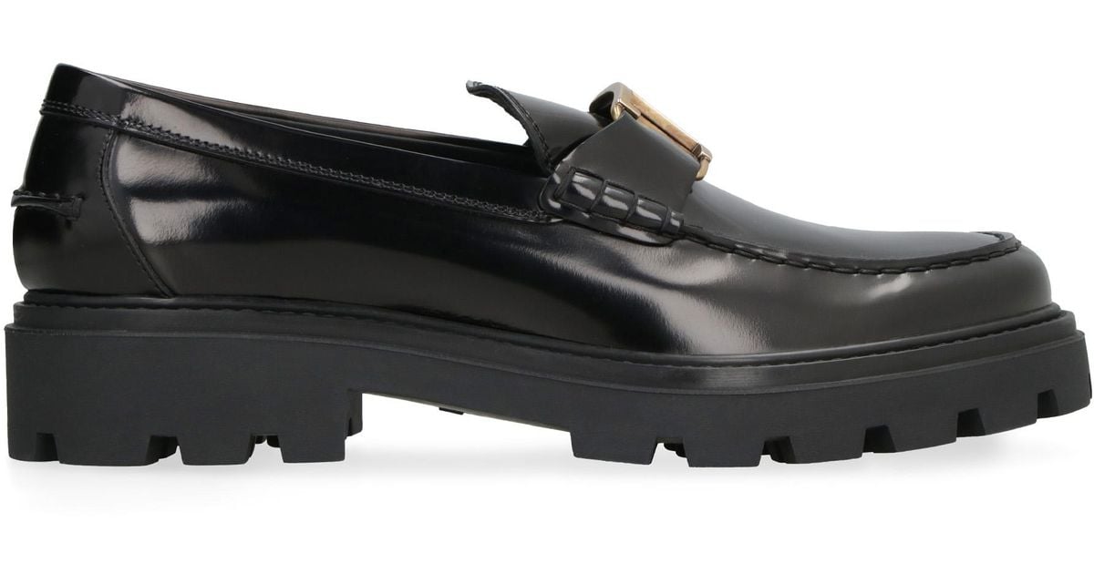 Tod's Leather Monogram Loafers With Ridged Sole And Logo in Black for ...