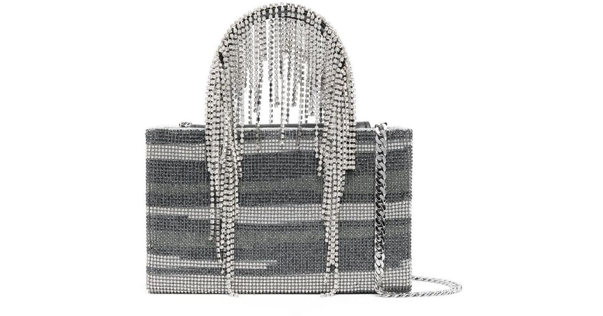 Kara Crystal Mesh Midi Tote Handbag With Fringe in Gray | Lyst