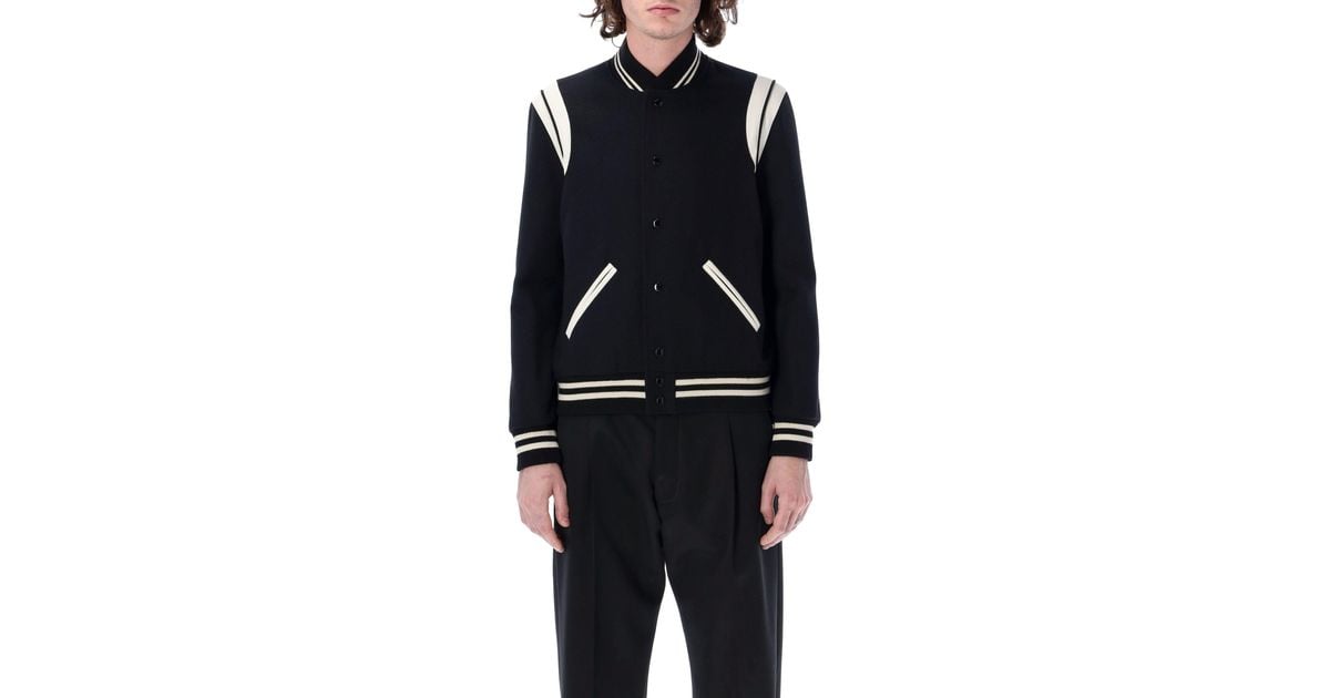 Saint Laurent Teddy Jacket With Leather Trim, Striped Ribbed Collar ...