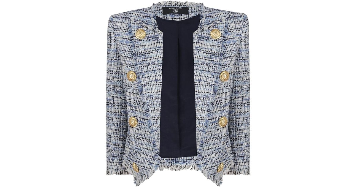 Balmain Tweed Jacket With Frayed Edges And Padded Shoulders in Blue | Lyst