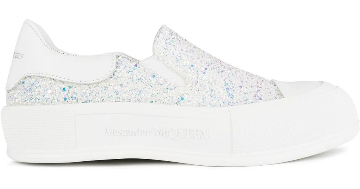 McQueen Deck Plimsoll Glitter Slip On Sneaker in White | Lyst