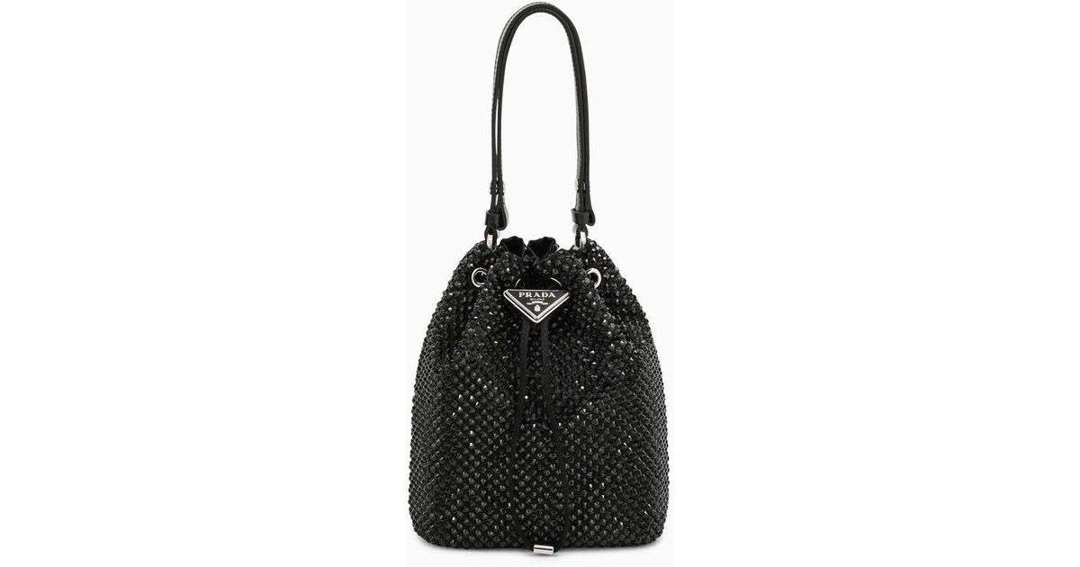 Prada Mini Satin Bucket Handbag With Crystal Accents in Black | Lyst