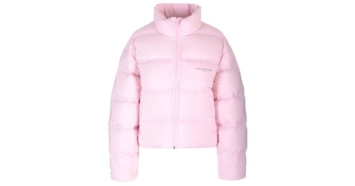 Alexander Wang Reflective Logo Cropped Puffer Jacket in Pink | Lyst