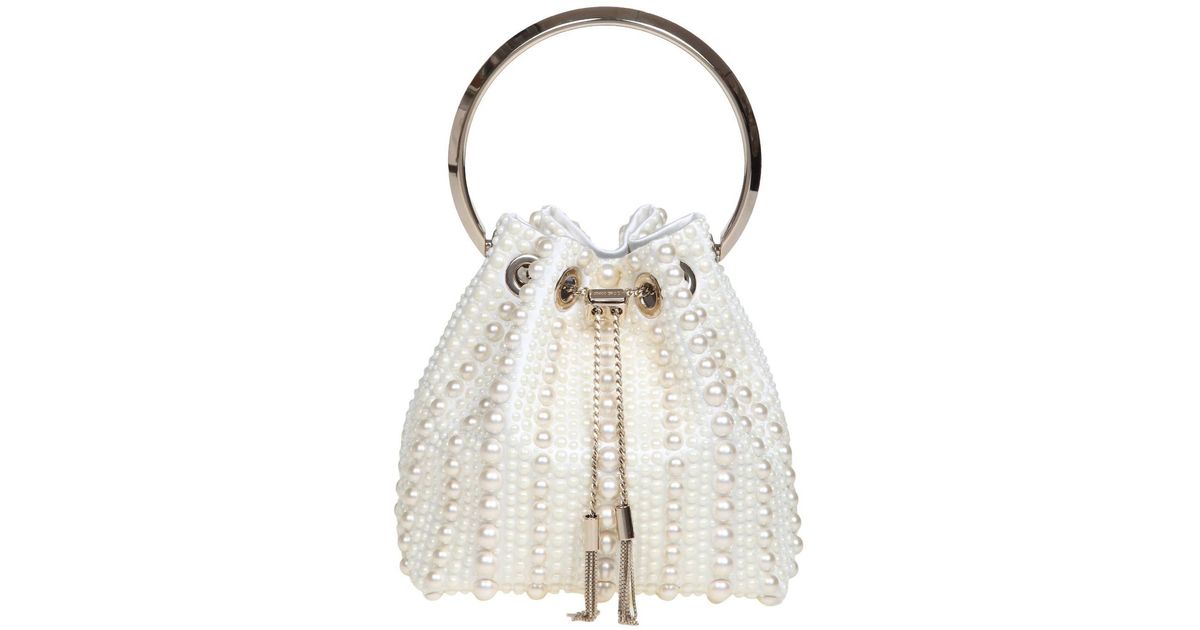 Jimmy Choo Mini Bon Bon Bucket Handbag With Pearl Accents in White | Lyst