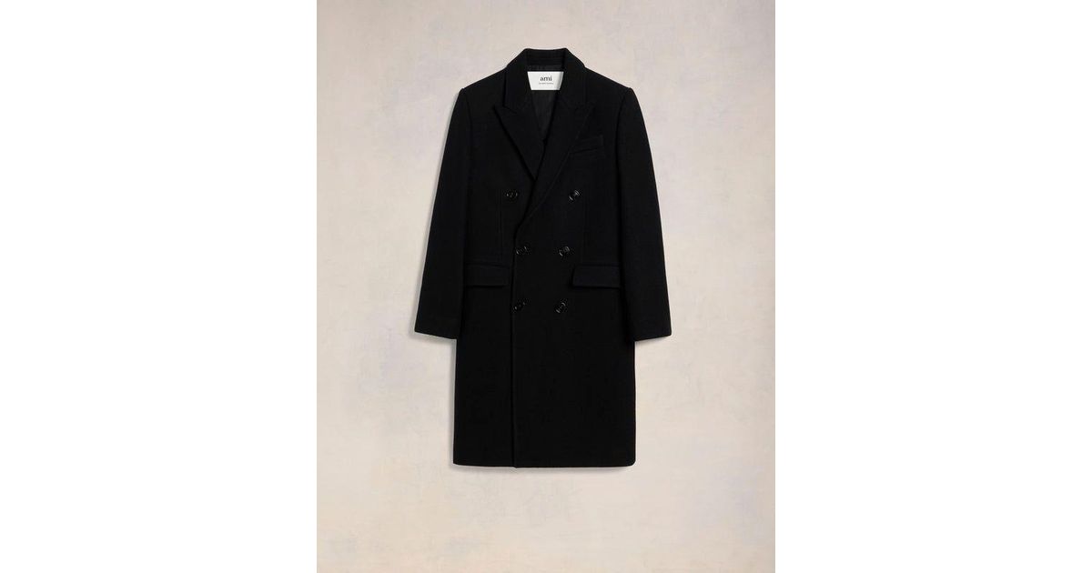 Ami Paris Tailored Double-Breasted Wool Overcoat in Black for Men | Lyst