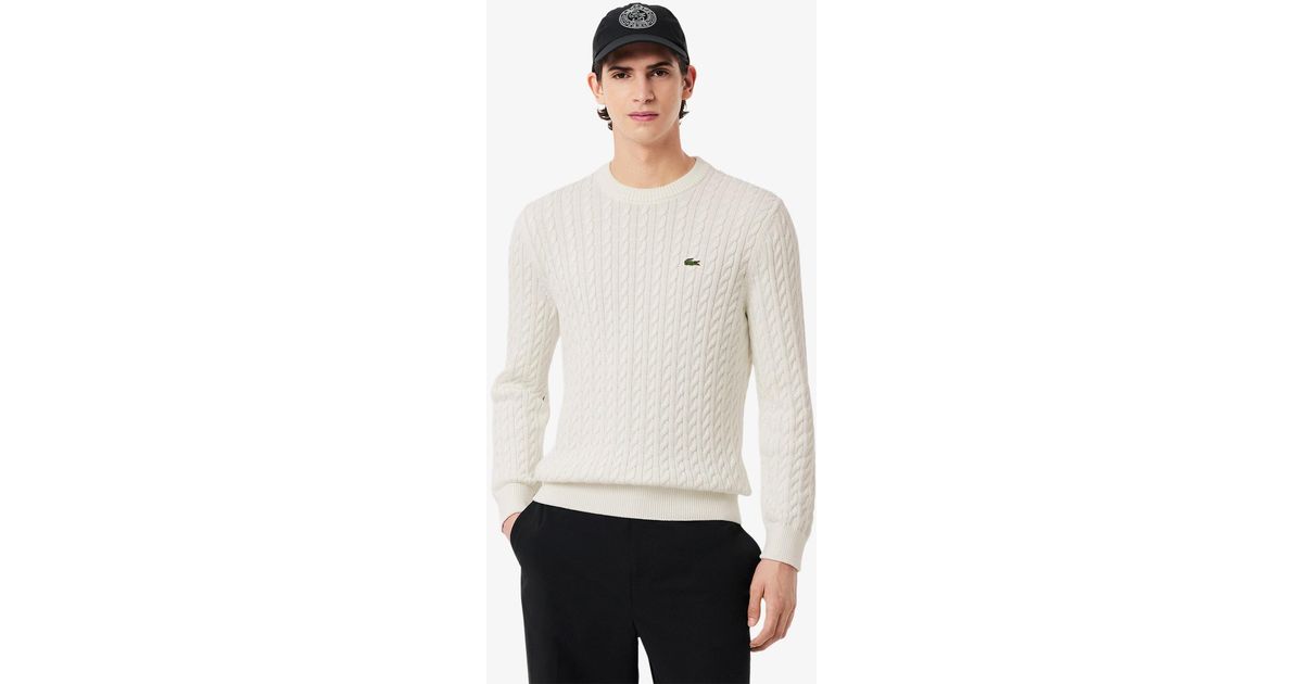 Lacoste Cable Knit Cotton Sweater in White for Men | Lyst