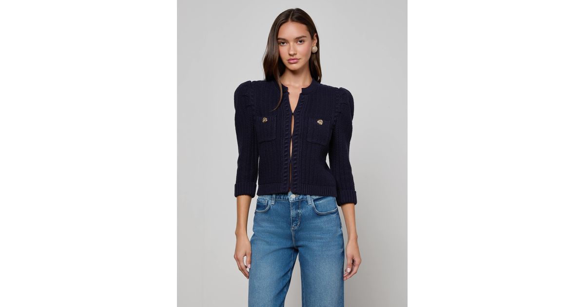 L'Agence Delli Cropped Cardigan in Blue | Lyst