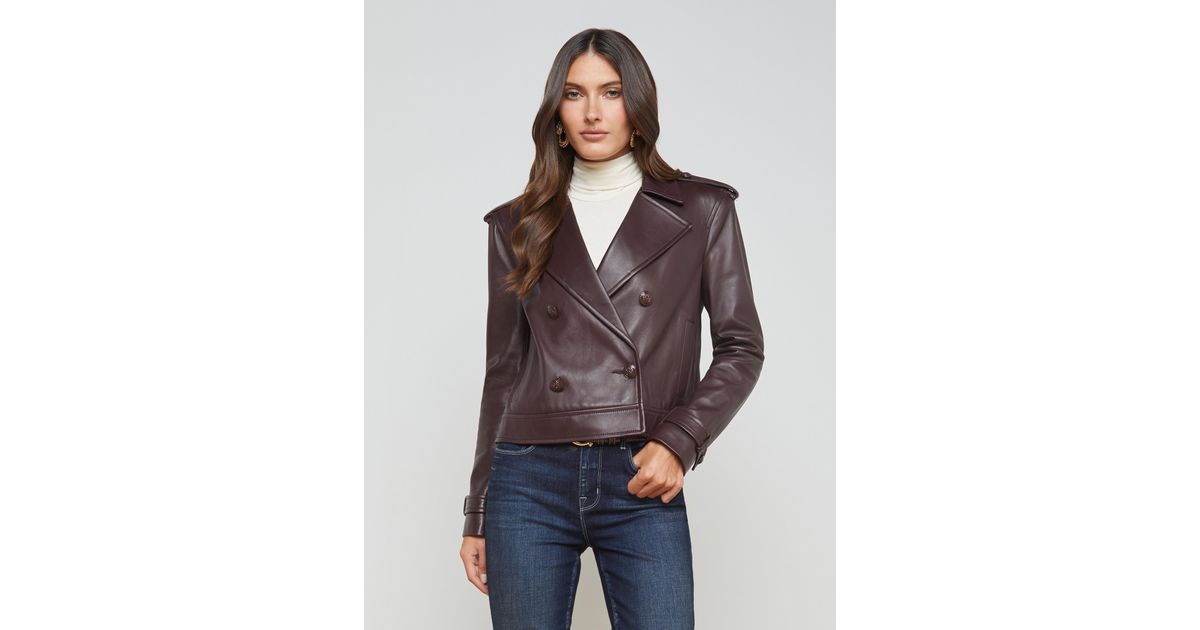 L'Agence Cropped Lambskin Trench Coat in Blue | Lyst