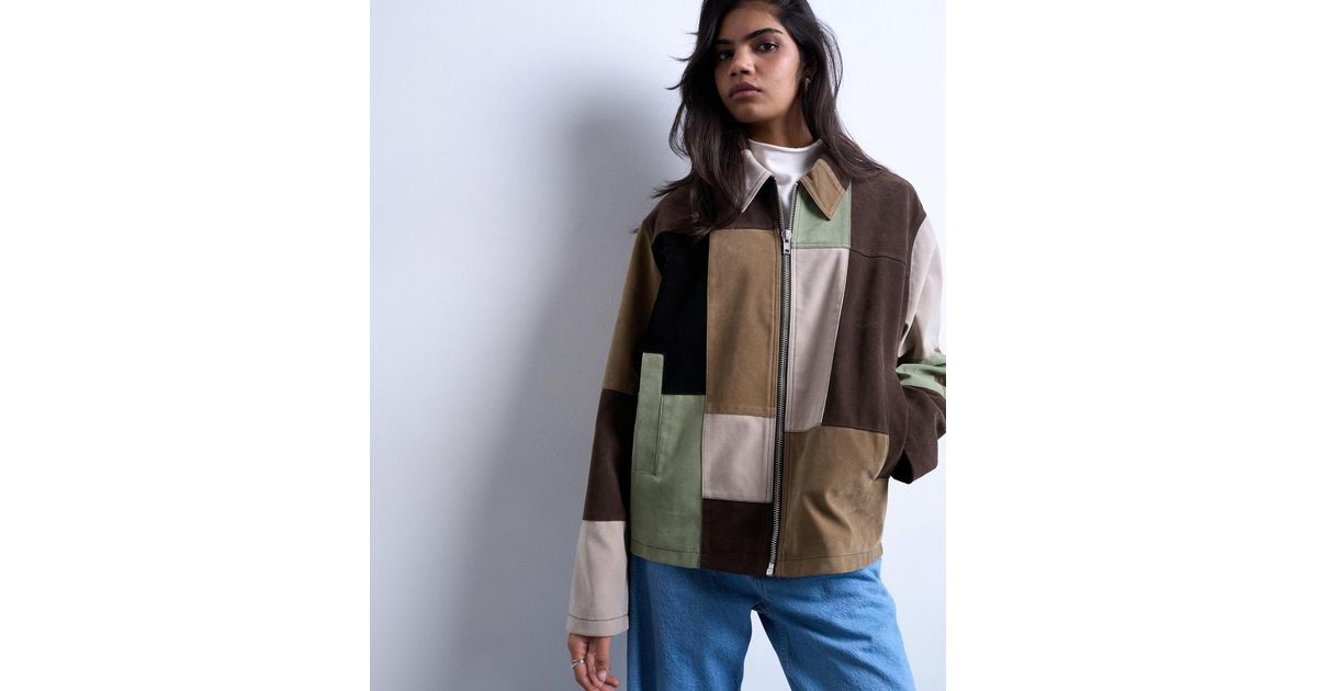 TOPSHOP Boxy Faux Suede Patchwork Zip Through Jacket in Black | Lyst UK