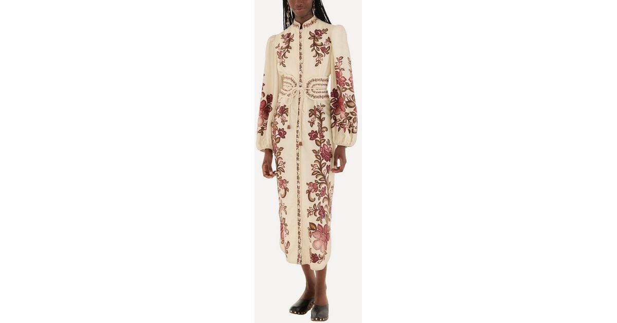 FARM Rio Renata Floral Long Sleeve Midi Dress in Natural | Lyst UK