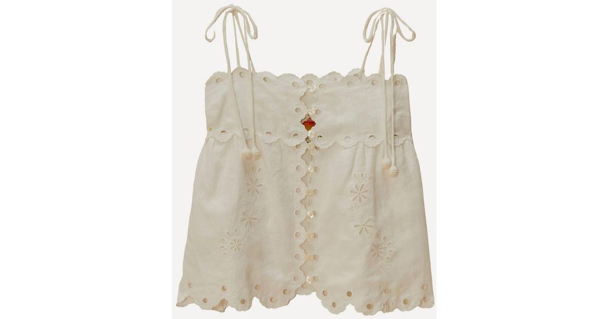 FARM Rio Off- Flowers Richelieu Linen Sleeveless Blouse in Natural ...