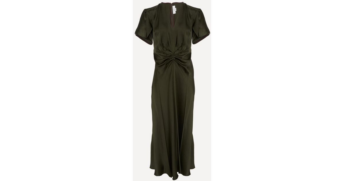 Victoria Beckham Gathered V-Neck Midi Dress in Green | Lyst UK