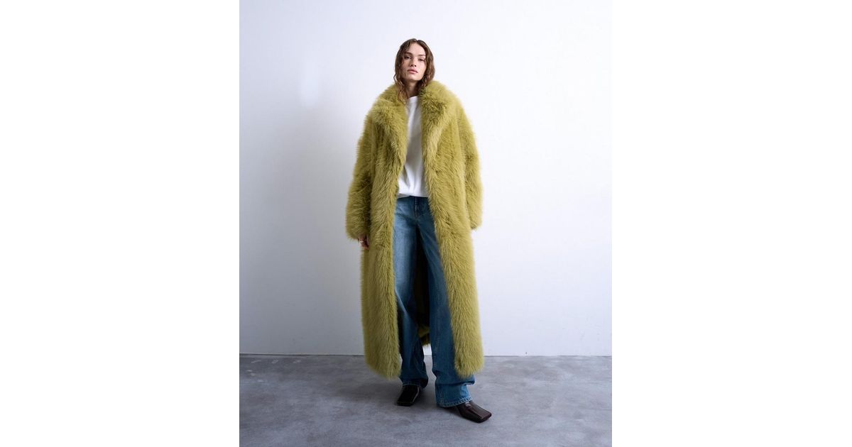 TOPSHOP Faux Fur Super-Long Coat in Green | Lyst UK