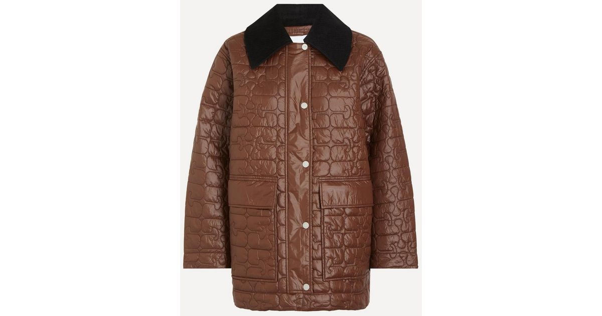 Ganni Shiny Quilted Midi Jacket in Brown | Lyst UK