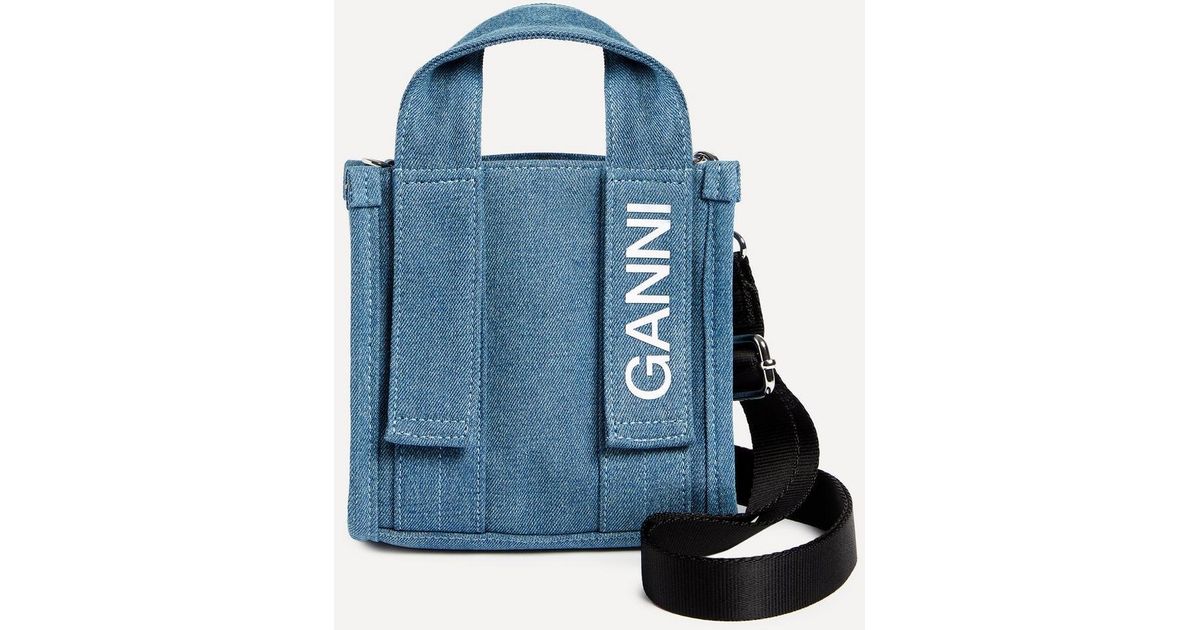 Ganni Mini Tech Denim Tote Bag in Blue | Lyst