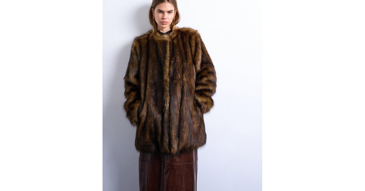 TOPSHOP Faux Fur Collarless Mid Length Coat in Brown | Lyst