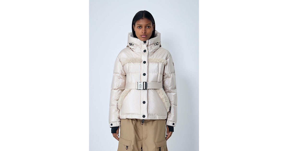 Moncler Belted Down Jacket With Faux Fur Trim in Grey | Lyst UK