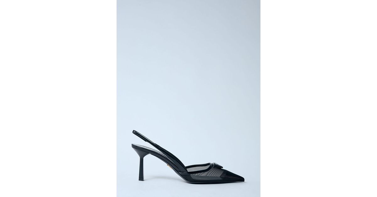 Prada Logo Plaque Pointed Heels in Blue | Lyst