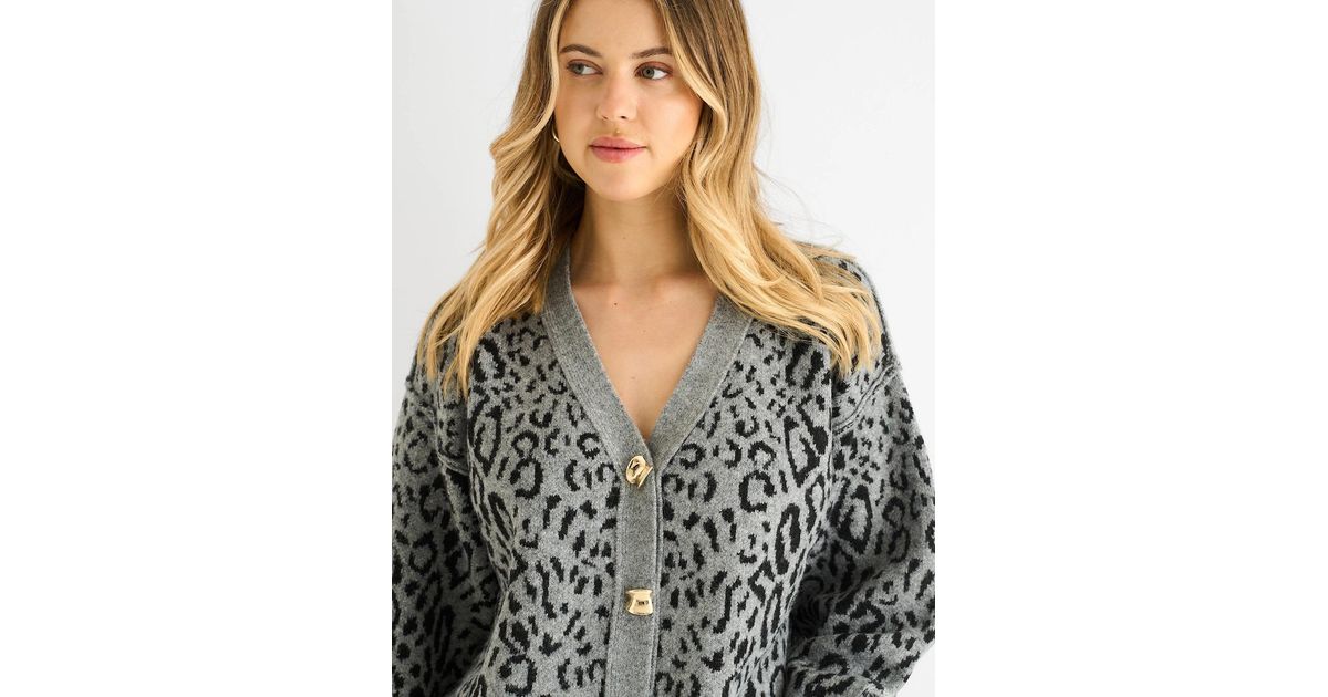 Gini London Animal Print Wool Mix Cardigan Look Jumper in Brown | Lyst UK