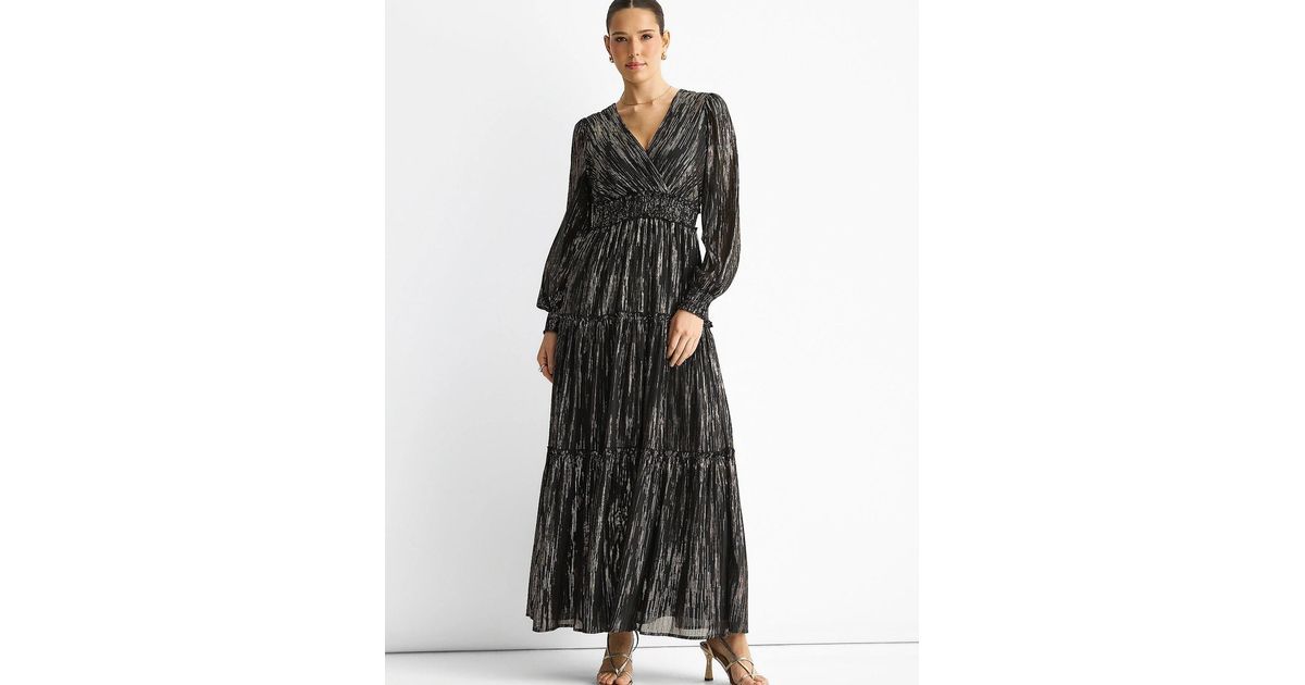 Gini London Lurex Chiffon Occassion Tiered Maxi Dress in Black | Lyst UK