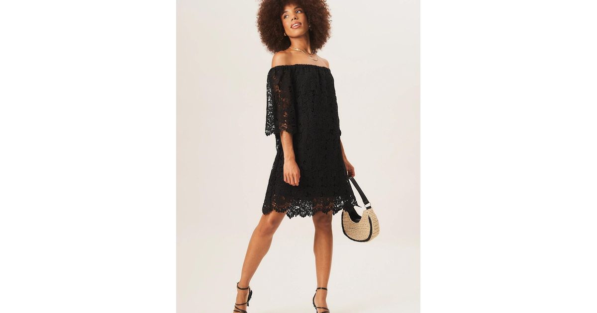 Gini London Lace Flare Sl Oversized Bardot Mini Dress in Black | Lyst UK