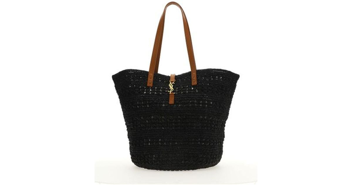 Saint Laurent Raffia Tote Bag With Monogram in Black | Lyst