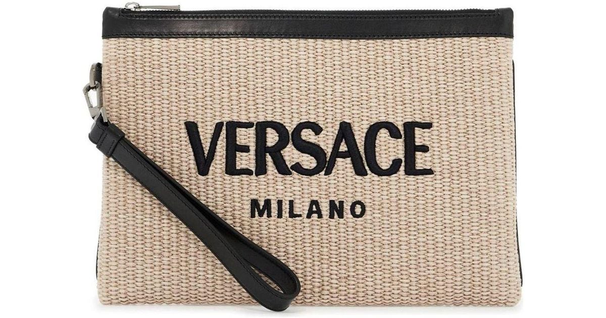 Versace Cappuccino Raffia Clutch in Metallic | Lyst