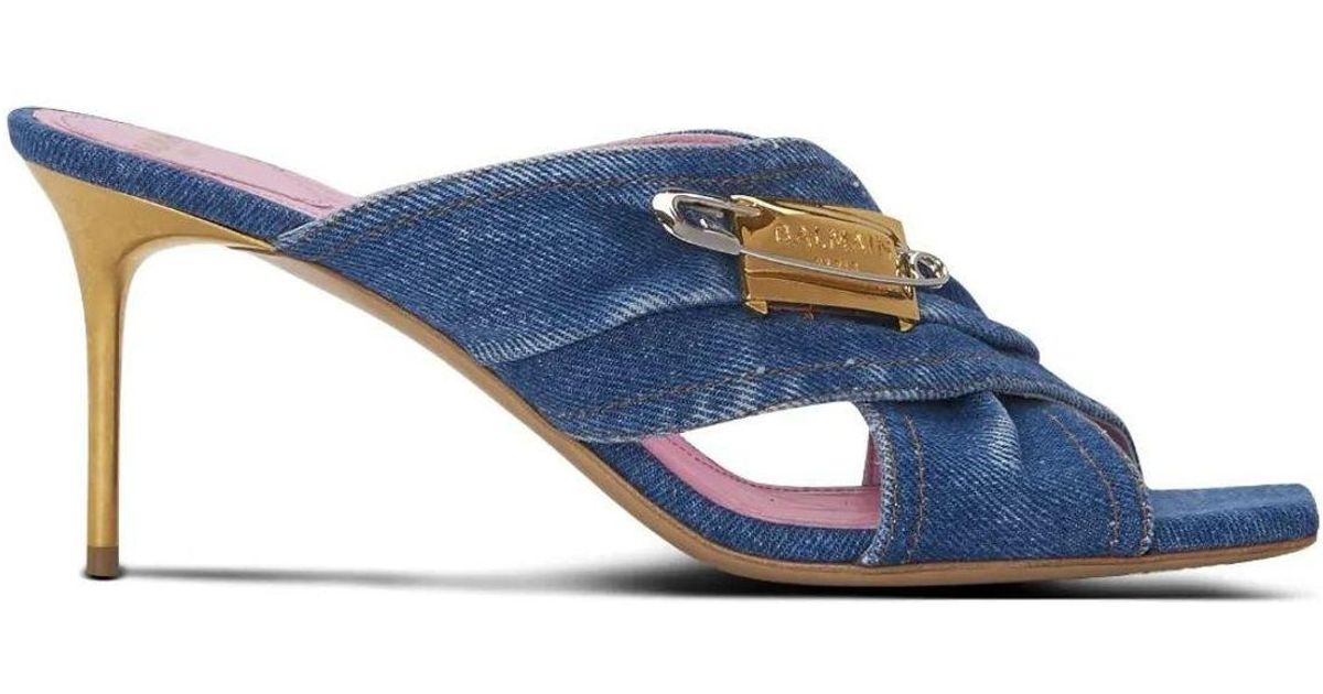 Balmain Denim Safety Pin Mules in Blue | Lyst