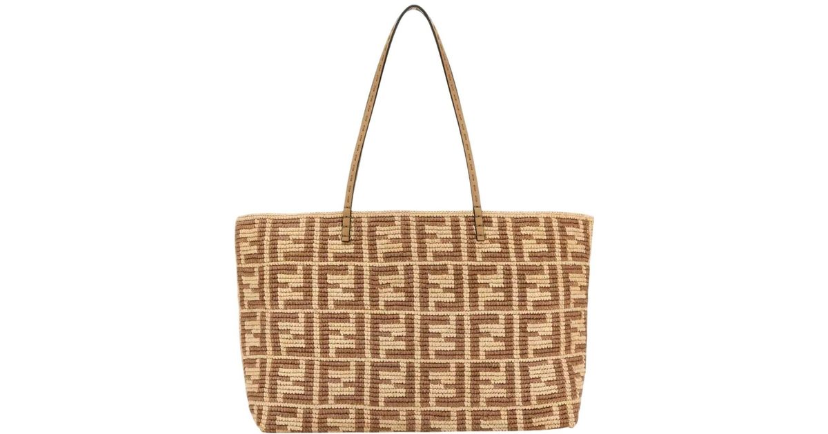 Fendi Ff Raffia Crochet Roll Large Shopper in Brown | Lyst