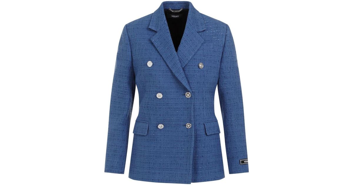 Versace Double-Breasted Tweed Boucl in Blue | Lyst
