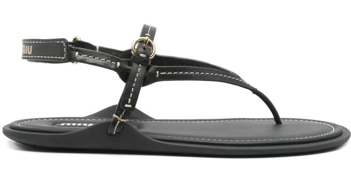 Miu Miu Round-Toe Leather Flat Sandals in Black | Lyst