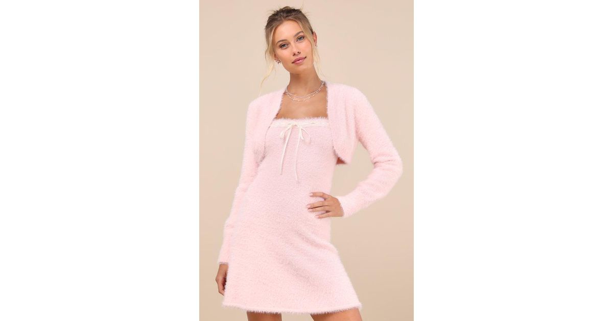 Lulus Dynamic Sweetheart Eyelash Knit Mini Dress & Shrug Set in Pink | Lyst