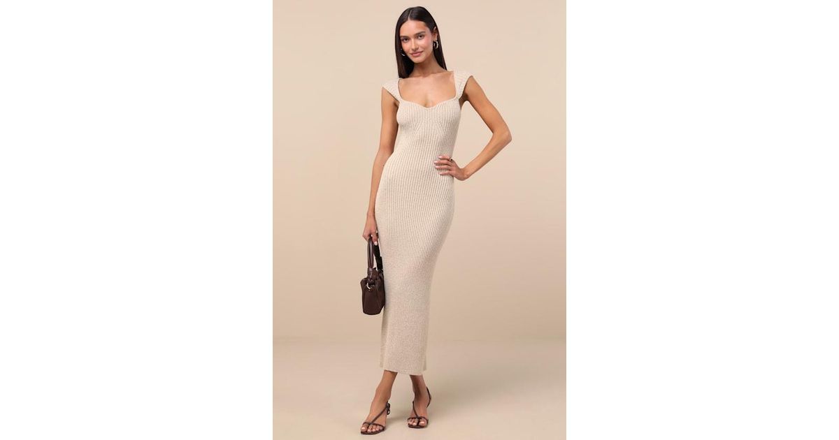 Lulus Chiara Ribbed Knit Cap Sleeve Midi Dress in Natural | Lyst