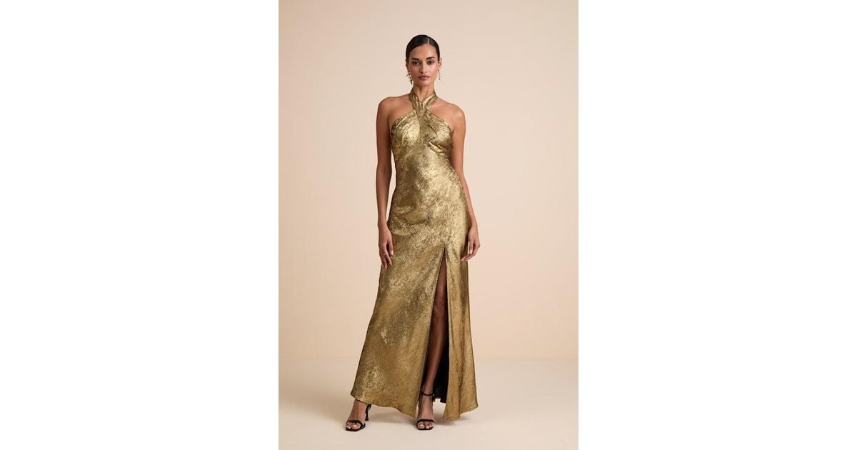 Lulus Knoxley Shiny Lurex Cross-Front Halter Maxi Dress in Natural | Lyst