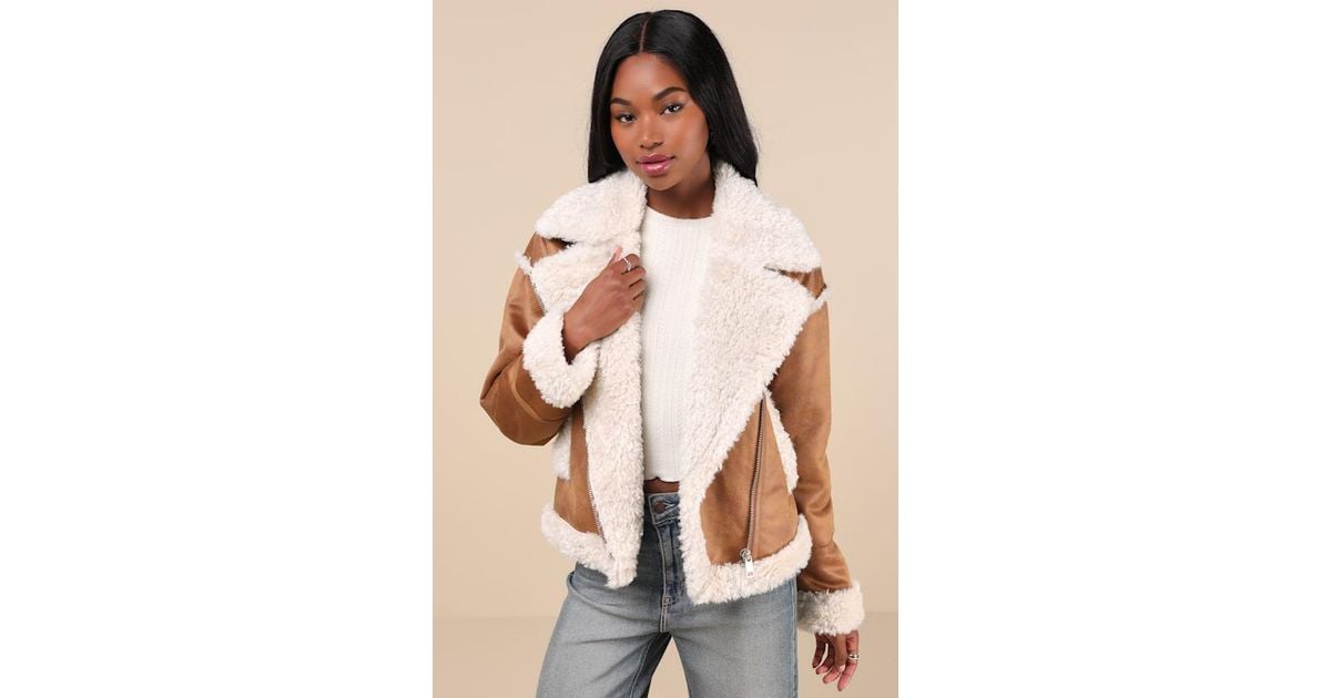 NVLT Cozy Allover Vegan Leather Shearling Trim Moto Jacket in Natural ...