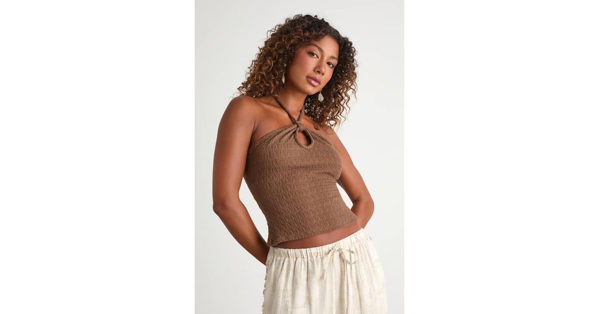 Lulus Korin Textured Keyhole Halter Top in Brown | Lyst UK