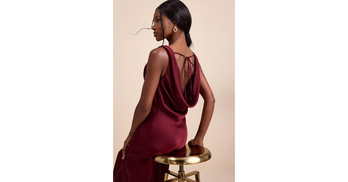 Lulus Aernah Satin Cowl Tie-Back Slip Maxi Dress in Red | Lyst