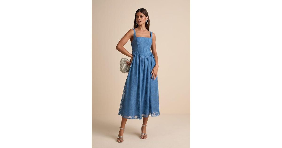 Lulus Colwyn Basque Waist Bustier Midi Skirt in Blue | Lyst